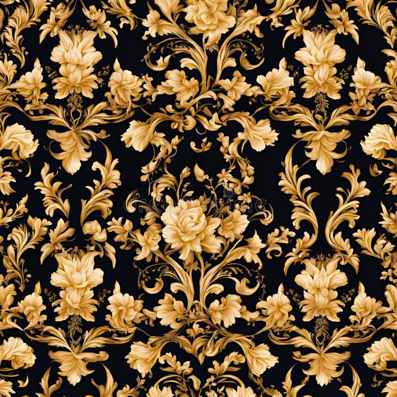 Black and Gold Royal Floral Wallpaper Fabric Design. AI Generated Stock ...