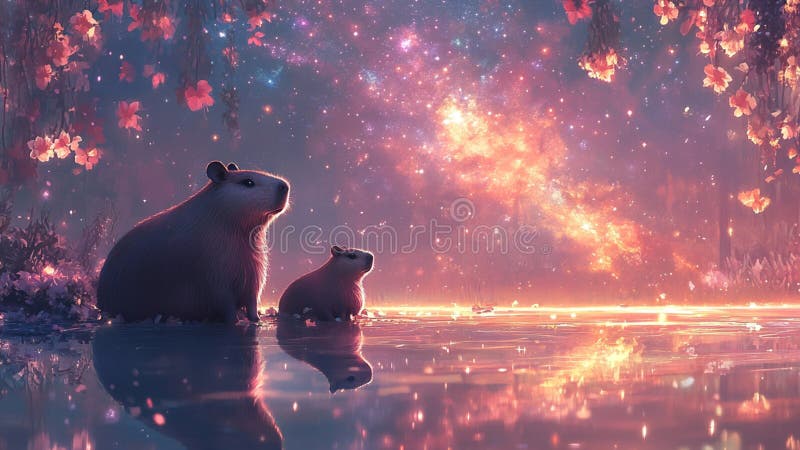 Cute Cosmic Family of Capybaras in a Dreamy Forest Background Stock ...