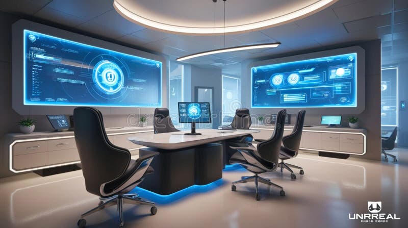 Futuristic Corporate Meeting Room Office with Hologram Displays and ...