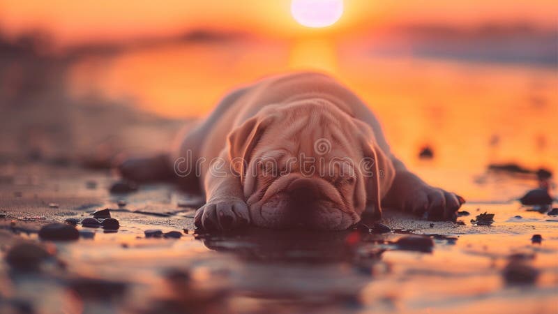 Cute, Friendly and Happy English Bulldog Puppy Dog on a Beach on a ...