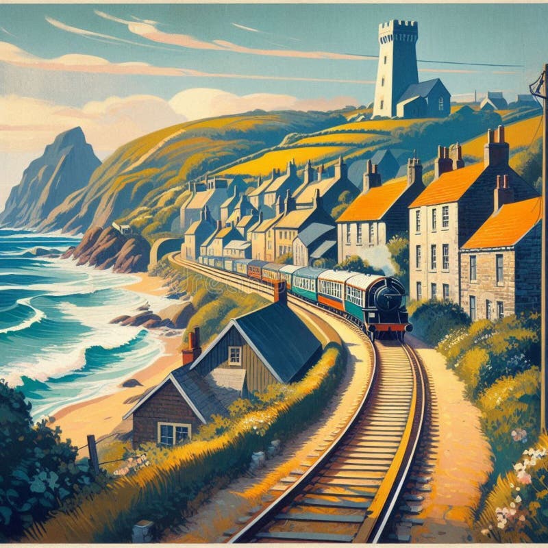 Seaside Train Journey stock illustration. Illustration of painting ...