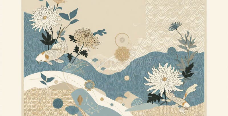 Serene Japanese-Inspired Landscape with Koi Fish Stock Illustration ...