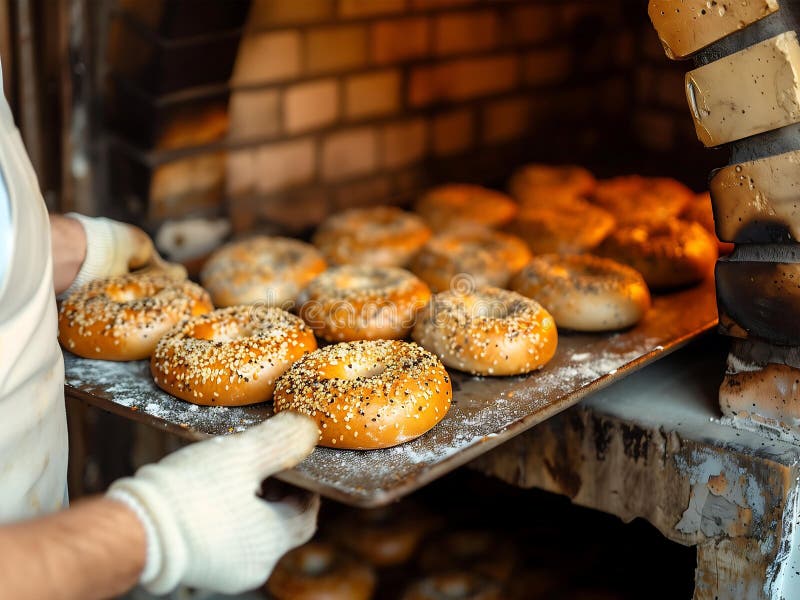Baked Bagels. Chef Pulls Bagels Baked from the Hot Oven. the Process of ...