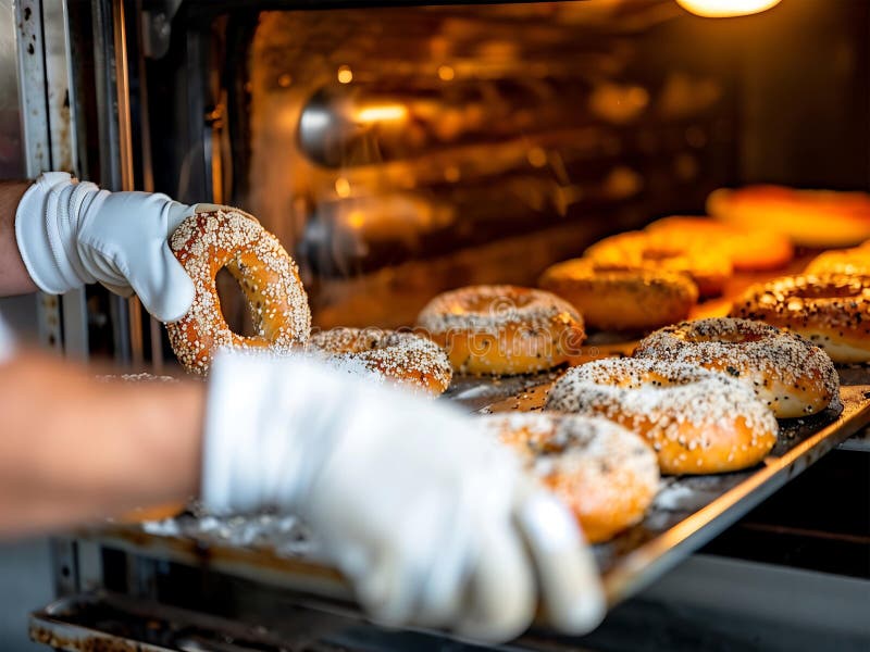 Baked Bagels. Chef Pulls Bagels Baked from the Hot Oven. the Process of ...