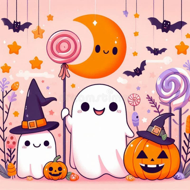 Adorable Halloween Sticker with Ghosts, Candy, and Spooky Background ...