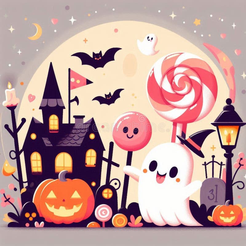 Spooktacular Halloween Sticker with Cute Ghost, Bats, and Candy Galore ...