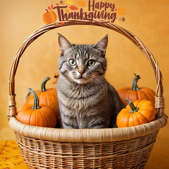 Happy Thanksgiving Cat in a Basket Stock Illustration - Illustration of ...
