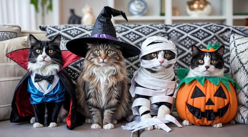 Halloween Cats in Funny Costumes Stock Illustration - Illustration of ...