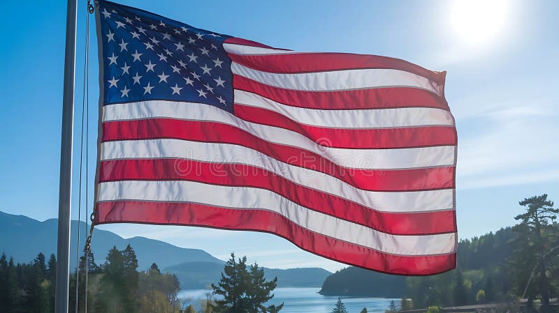 American Flag Waving Proudly Over Scenic Mountain Lake Background ...