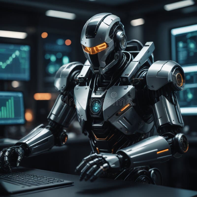 Advanced AI Robot Working on Computer in Modern Tech Lab Stock Photo ...