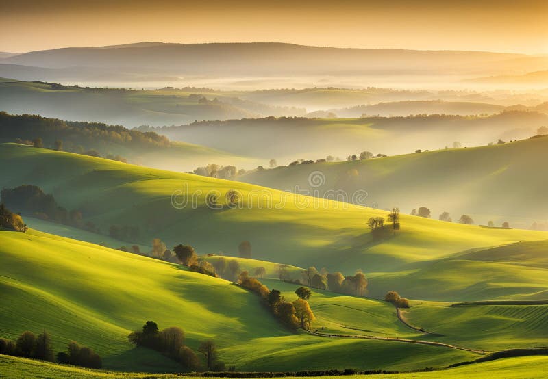 Early Dawn with Morning Mist in a Mountainous Area Stock Illustration ...