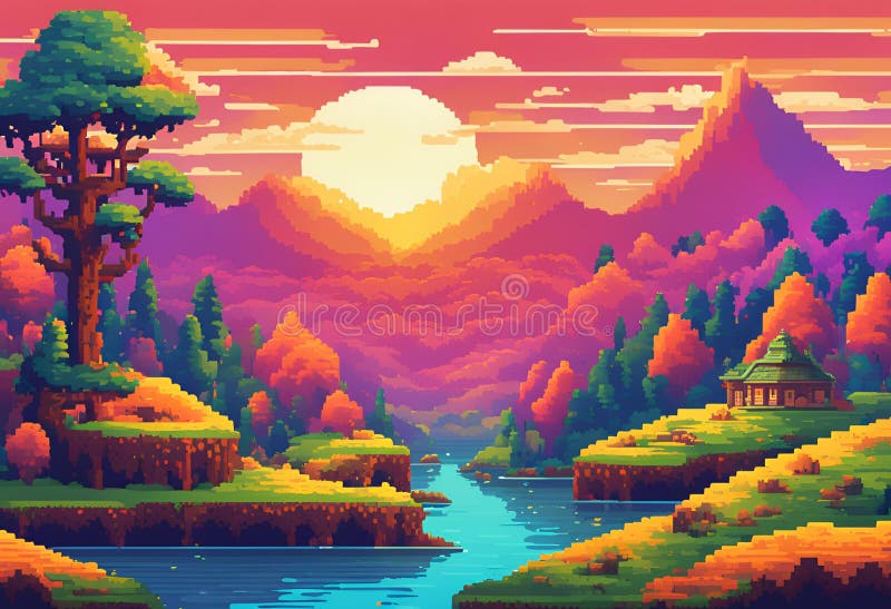 Landscape with River and Trees Pixel Art Stock Illustration ...