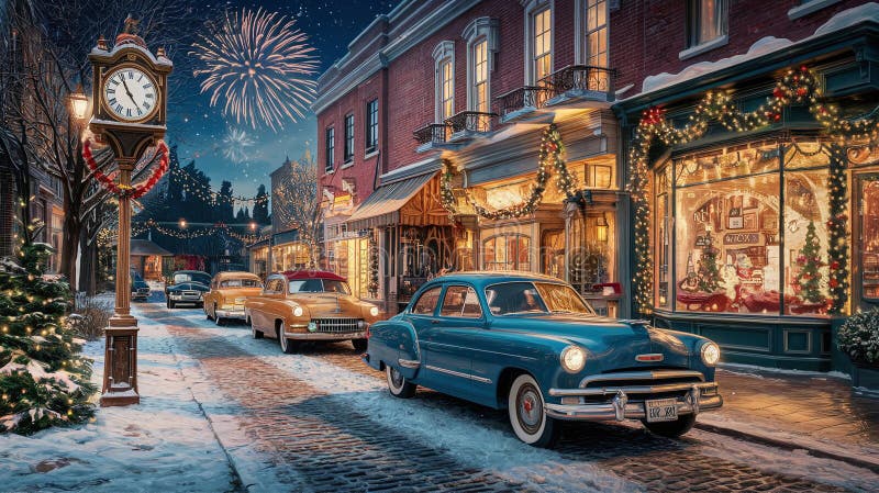 Vintage Holiday Street Scene with Classic Cars and Fireworks . Stock ...