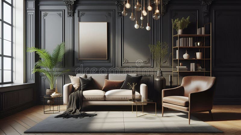 Contemporary Home and Office Decor with Plush Seating and a Sleek Dark ...