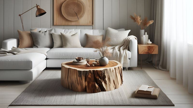 Cozy Home Interior Tree Stump Table Rustic Chic Decor Stock Photos ...