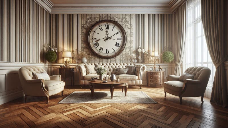 Luxury Vintage Living Room with Classic Decor and Large Wall Clock ...