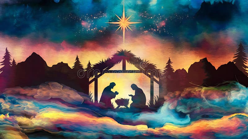 Nativity Scene Silhouette with Vibrant Night Sky Artwork . Stock ...