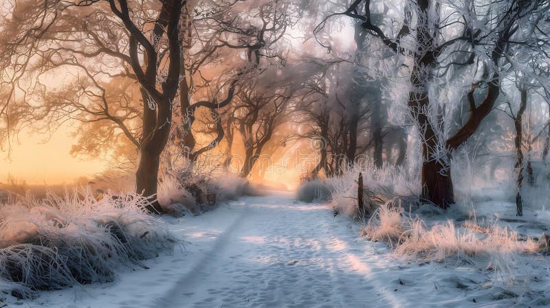 Serene Winter Forest Path at Sunrise with Snow-Covered Trees . Stock ...