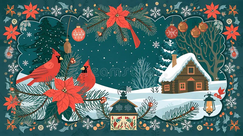Winter Holiday Scene with Red Cardinals and Snowy Cottage . Stock ...