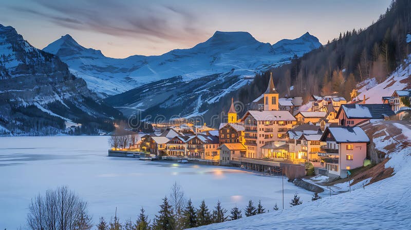 Scenic Winter Alpine Village at Dusk with Snowy Mountains . Stock ...