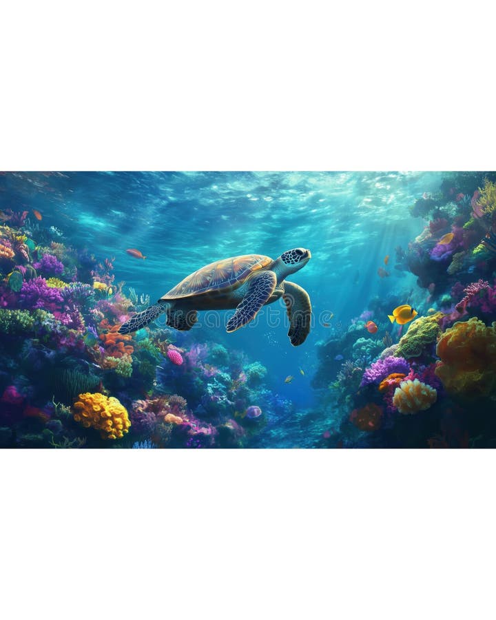 Underwater Adventure Sea Turtle Swimming among Coral Reefs Ocean ...