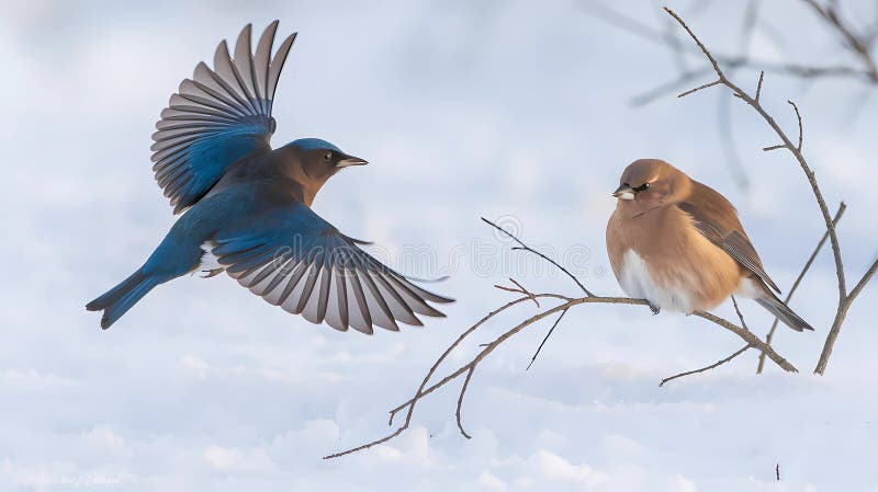 Winter Birds in Motion - Blue Jay and Finch in Snow . Stock ...