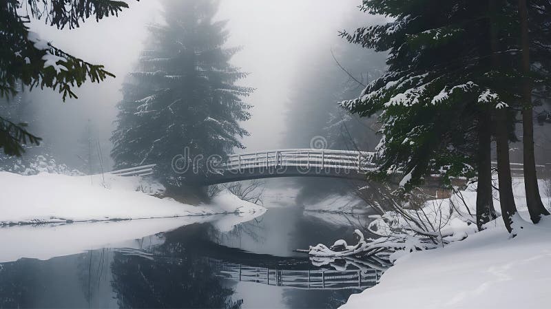 Serene Winter Bridge Over Snowy River Landscape . Stock Illustration ...