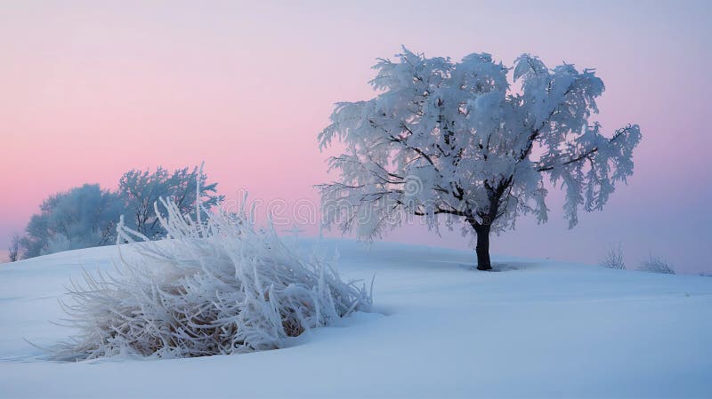 Frosty Winter Landscape with Snowy Tree at Sunrise . Stock Illustration ...