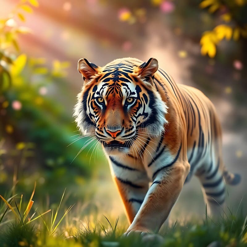 Majestic Tiger in Lush Jungle with Golden Sunlight . Stock Illustration ...