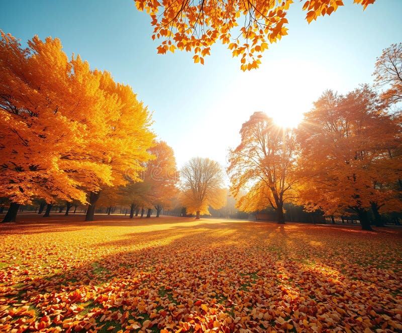 Golden Autumn Landscape with Sunlight Streaming through Trees . Stock Illustration ...