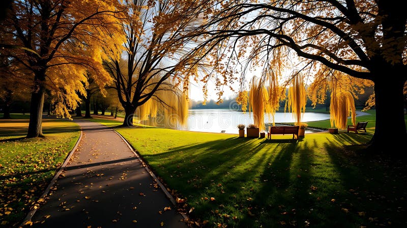 Autumn Park Scene with Golden Trees and Lakeside Bench . Stock ...