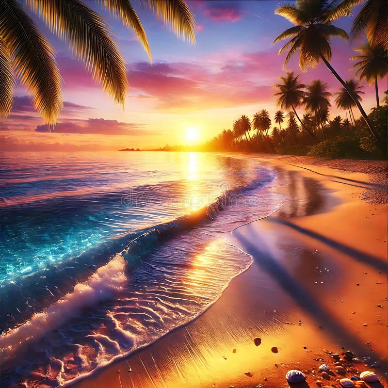 313 Stunning Tropical Sunset Beach Scene Palm Trees Ocean Waves ...
