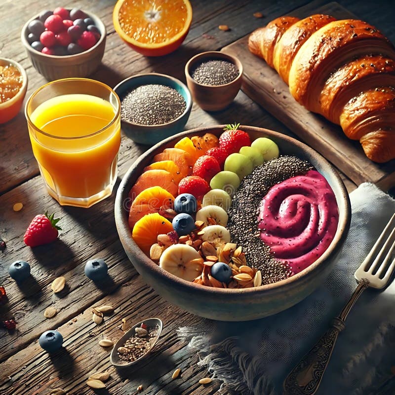 AI-Generated Healthy Breakfast with Fruits, Juice, and Croissant Stock ...