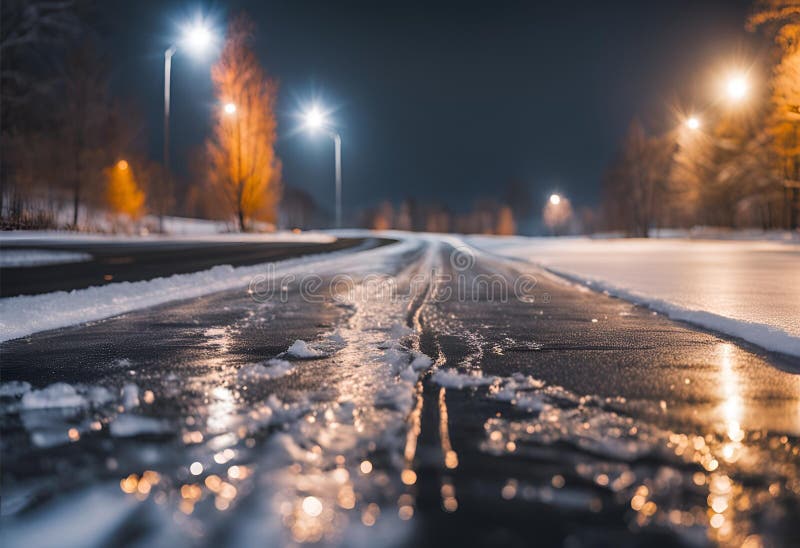 Close-up View of Slippery Ice Road during Winter Night Stock Photo ...