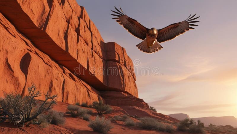 A Desert Cliffside with a Hawk Flying Above and Desert Scrub at Its ...