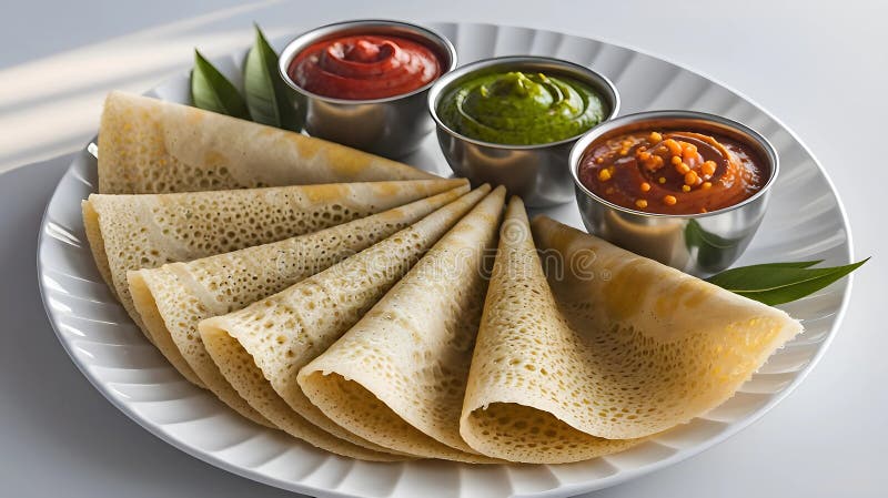 Crispy South Indian Dosa with Assorted Chutneys on a White Plate Stock ...