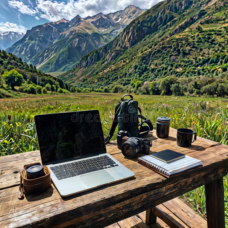Work, Travel, and Create – Outdoor Office with Stunning Scenery Stock ...