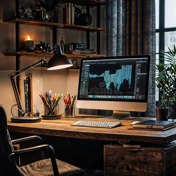 Professional Workstation with IMac, Desk Lamp, and Trading Chart – AI ...