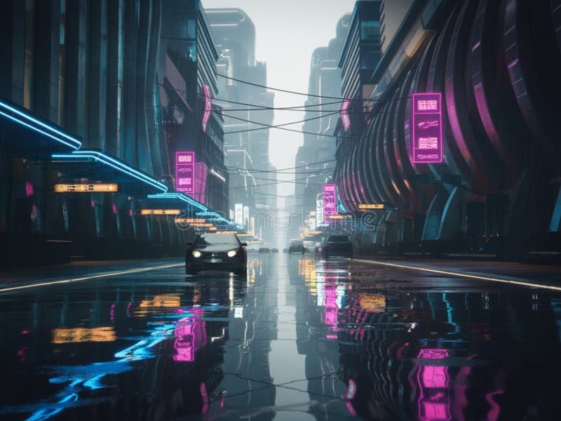 Futuristic Cyberpunk City Street with Neon Reflections on Wet Pavement ...