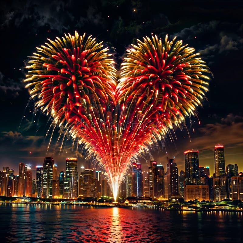 Romantic Fireworks Show Above City Skyline – AI Illustration Stock ...
