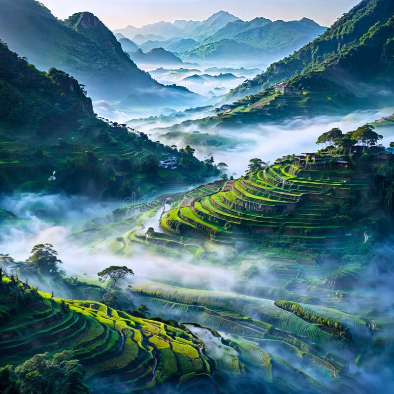 Scenic Rice Terraces in the Clouds – Dreamlike Nature Landscape Stock ...