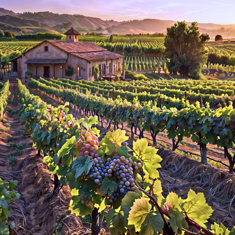 Golden Hour Vineyard with Ripening Grapes and Rustic Farmhouse Stock ...