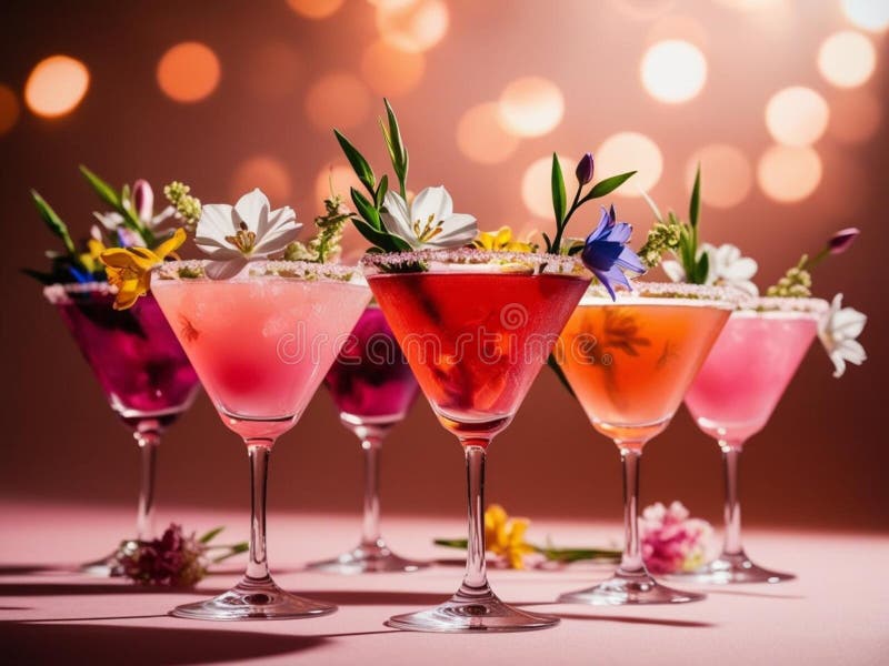 Glasses of Cocktails with Spring Flowers on Bokeh Lights Background ...