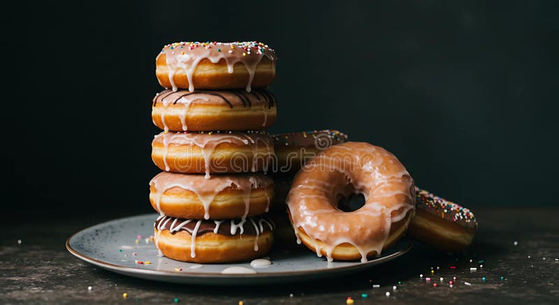 A Stack of Glazed Doughnuts with Sprinkles Neatly Arranged on a Round ...