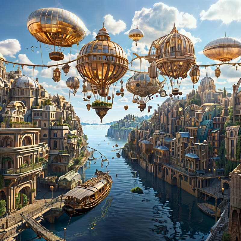 Dreamlike Steampunk City with Flying Structures and Water Canals Stock ...