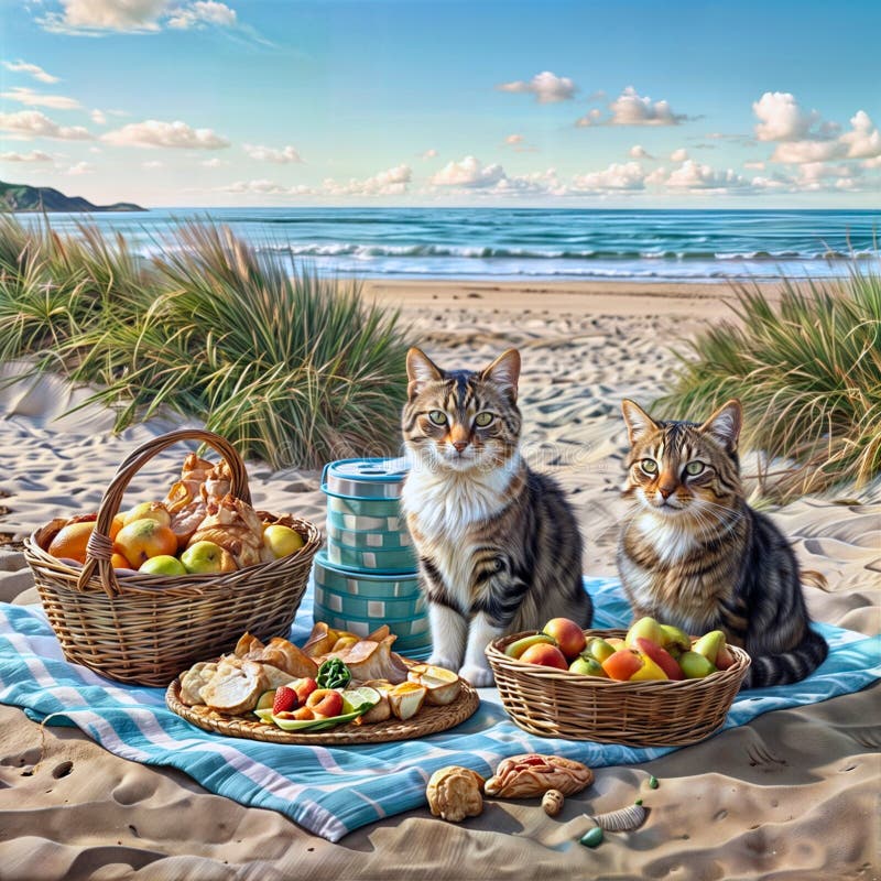 Scenic Beach Picnic with Cats, Fresh Fruit, and Ocean Views Stock ...