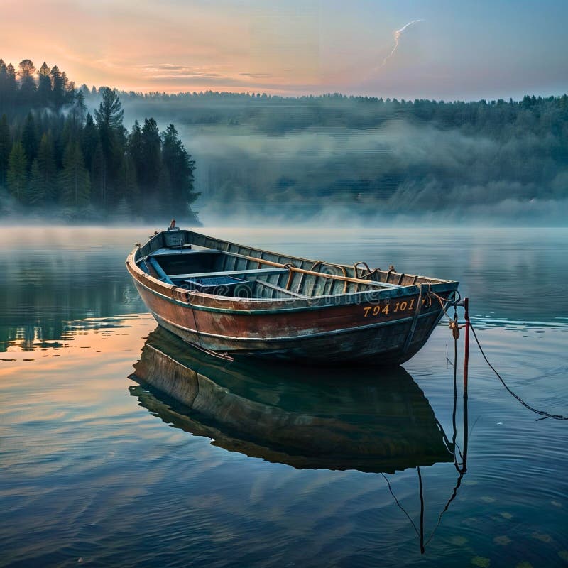 Rustic Rowboat Floating on a Foggy Lake at Sunrise – AI-Generated Image ...