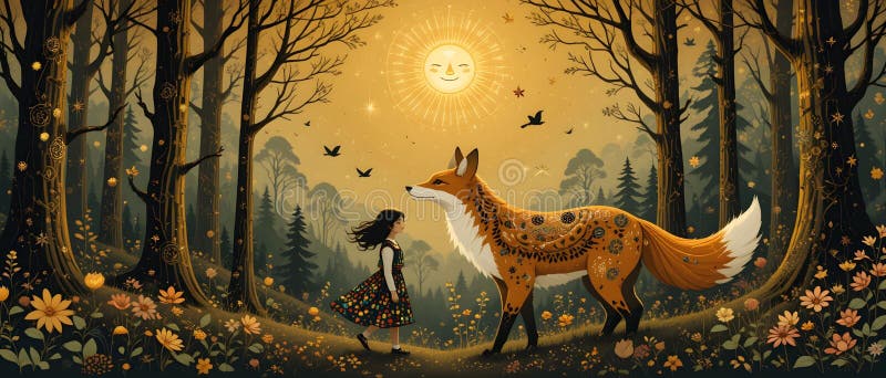 Enchanted Folk-Art Fox in a Spring Meadow Stock Illustration ...