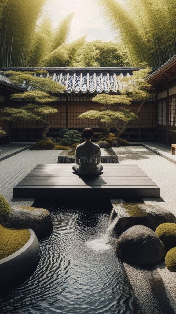 Serene Meditation Space in a Zen Garden with Flowing Water, AI ...