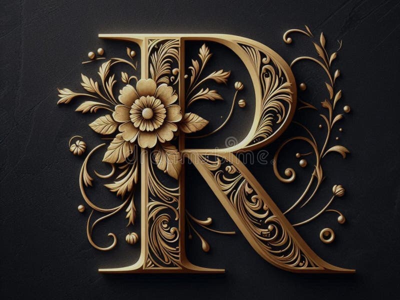 Elegant Gold Letter R Monogram with Floral Ornament on Dark Background ...